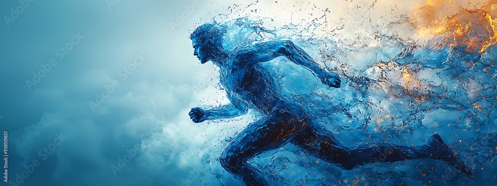 The human body shape of a running man filled with blue water on a blue ...