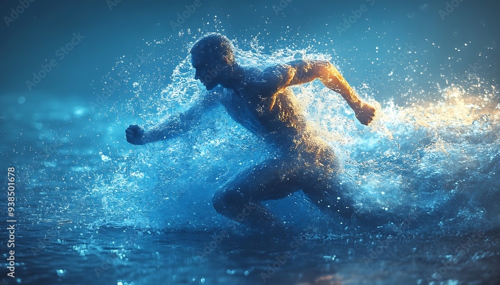 The human body shape of a running man filled with blue water on a blue ...