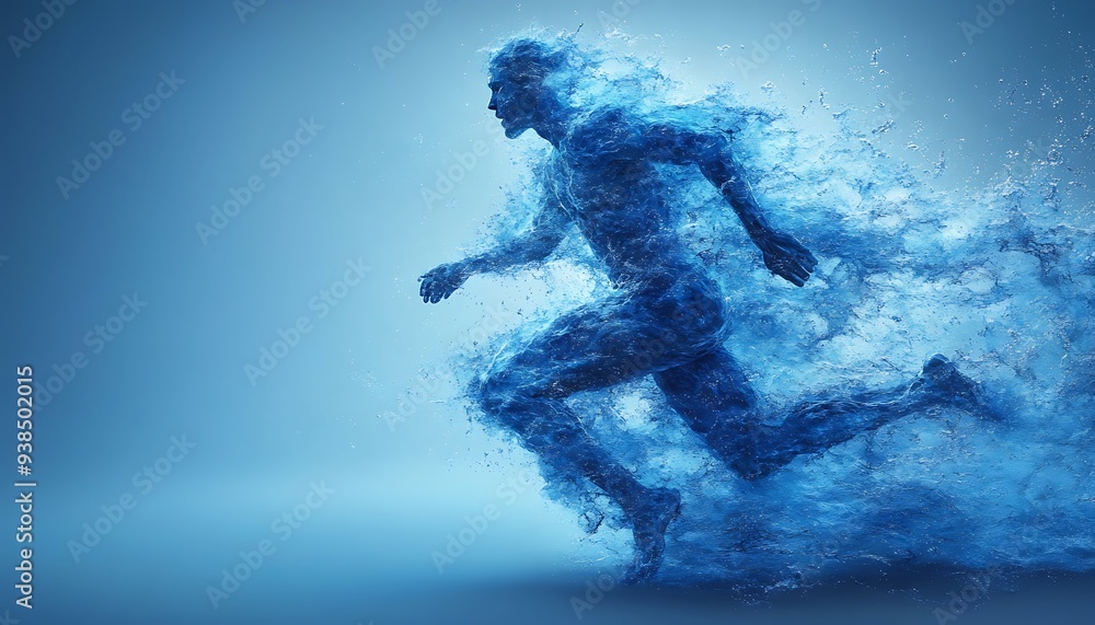 The human body shape of a running man filled with blue water on a blue ...