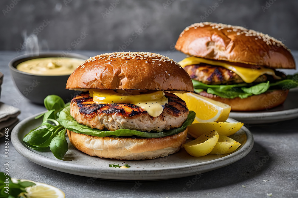 a sizzling grilled lemon-herb turkey burger, perfectly charred and ...