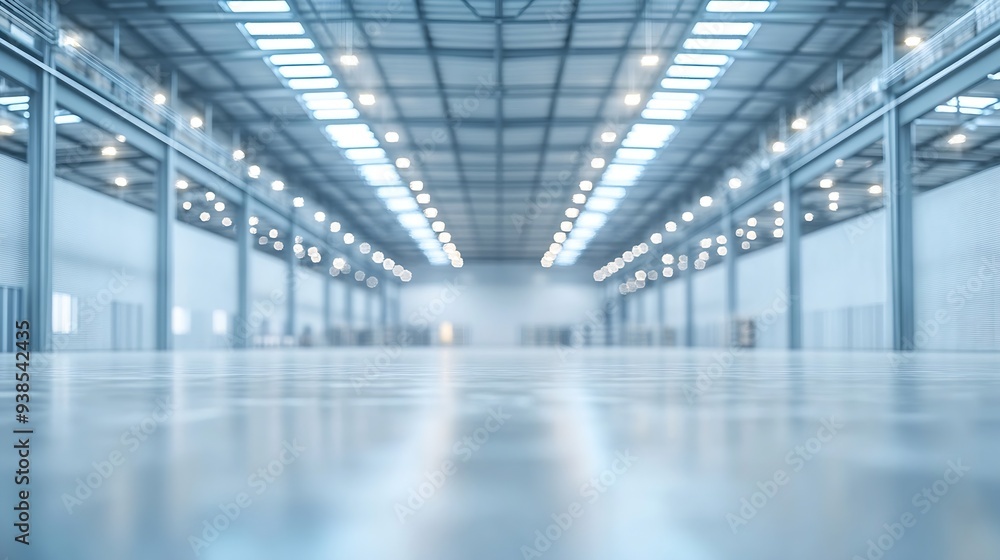Blur background of spacious industrial warehouse interior with high ...