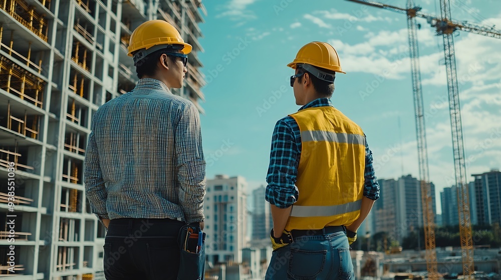 Civil engineer with personal safety equipment checking and consult with ...