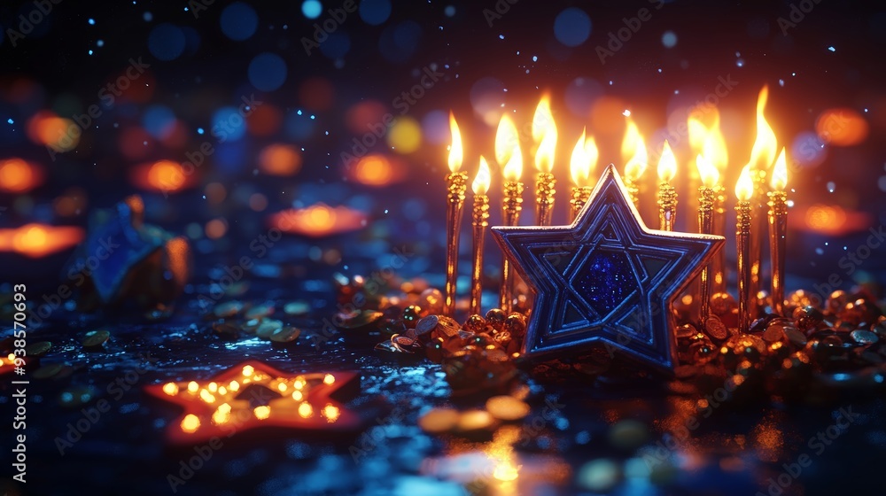 3. Hanukkah celebration, dark blue background with glowing menorahs ...