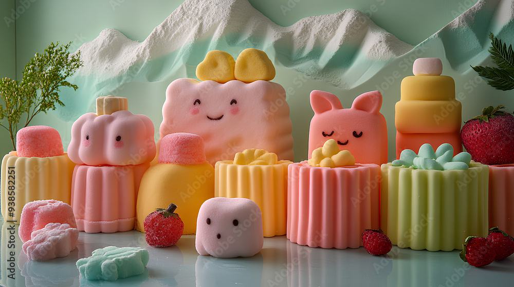 Adorable Marshmallow Landscape with Cute, Smiling Characters and Pastel ...