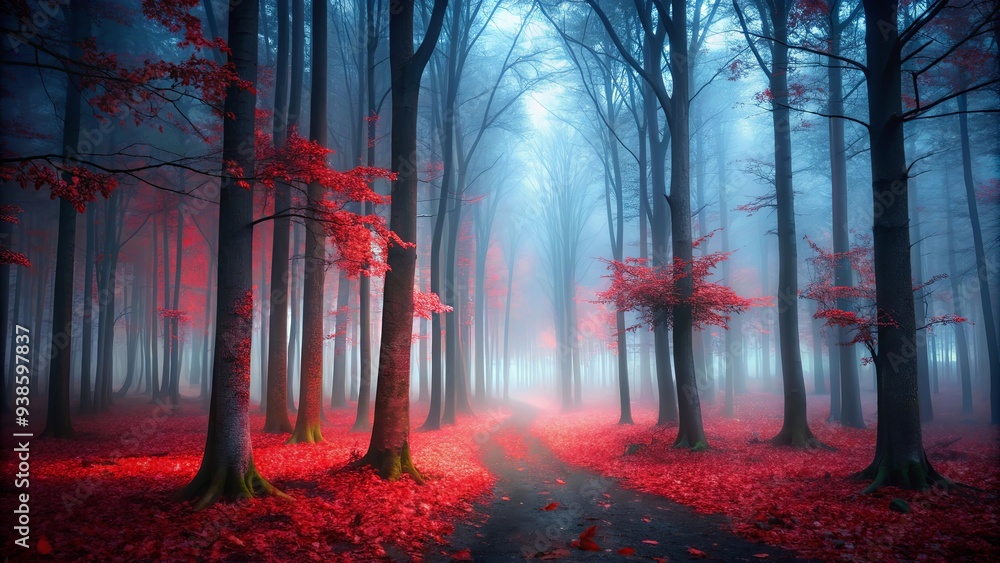 Creepy fantasy CG of a dark forest with glowing red trees and mist ...