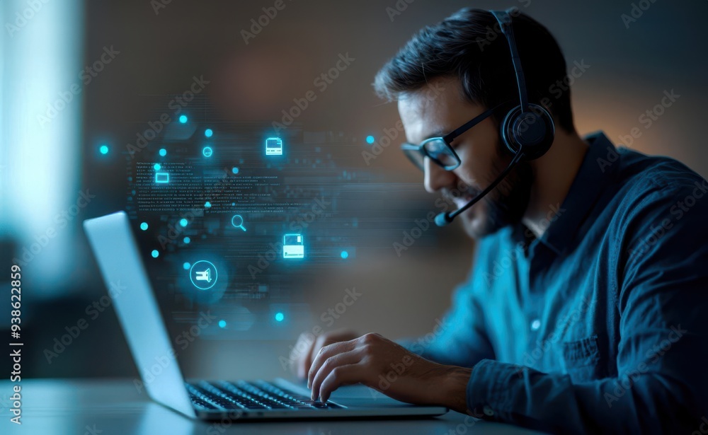 Remote helpdesk support with a laptop and headset, work-from-home ...