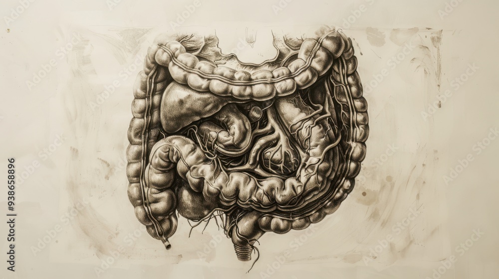 Detailed black and white anatomical illustration of the human digestive ...