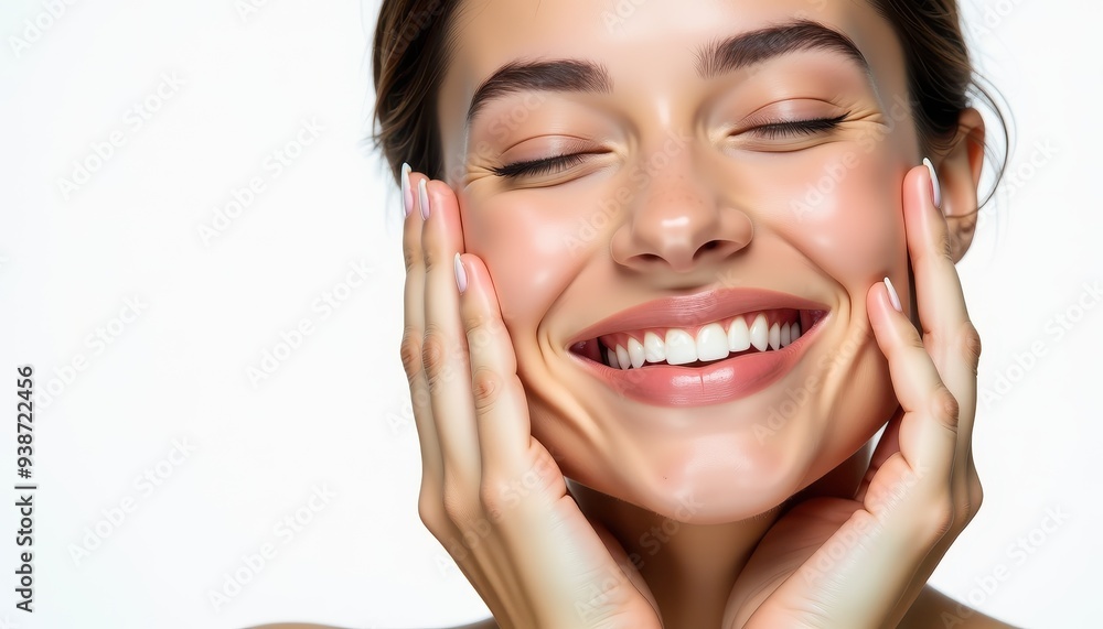 Young woman with fair skin and brown hair smiles with closed eyes ...