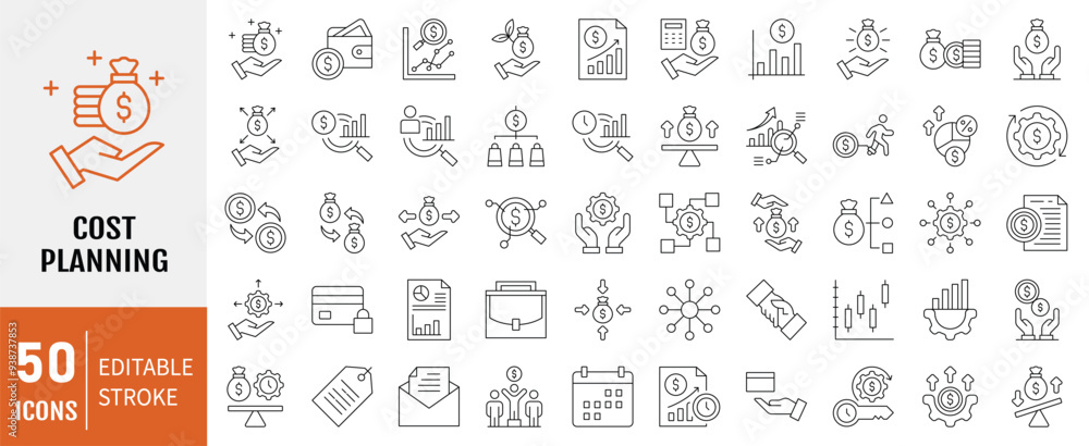 Vector de Stock Cost planning icon collection set. Containing budget ...