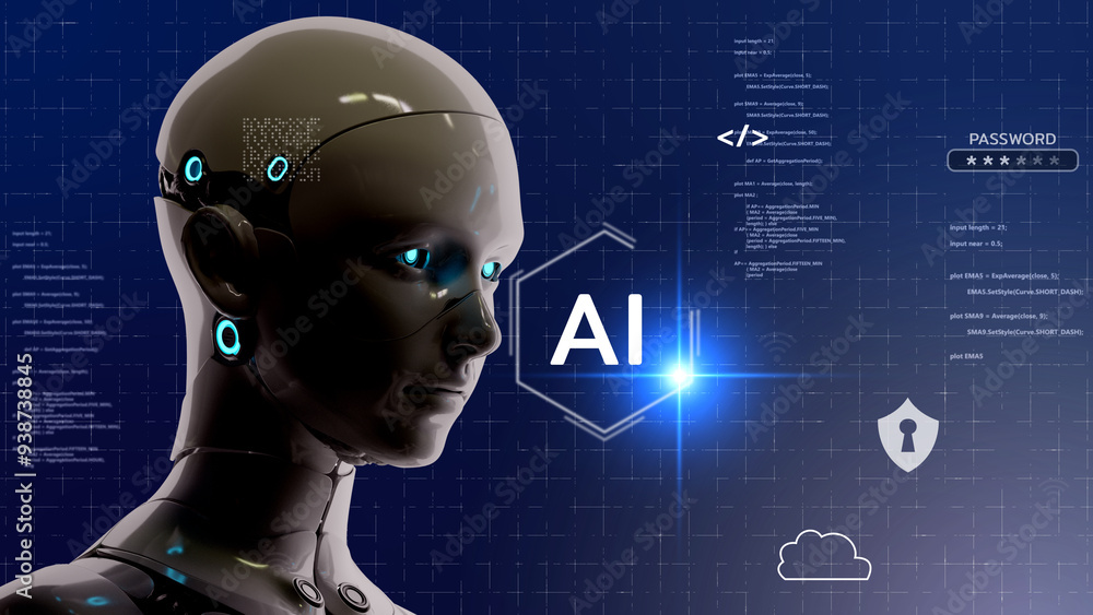 Robot head close up, AI computer automation coding prompt cyber ...