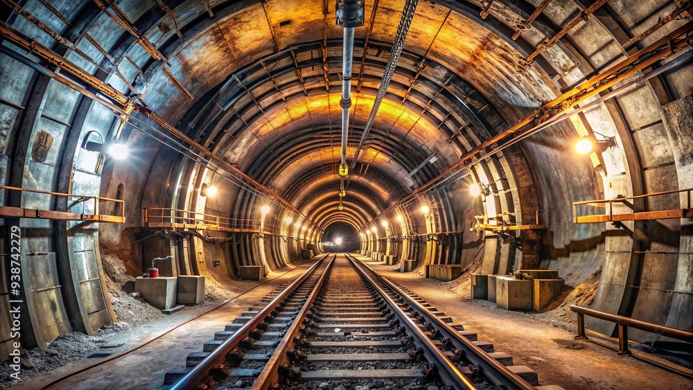 Underground mine tunnel with pipelines on the ceiling and rail track ...