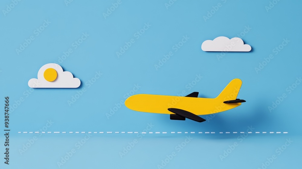 A minimalist 2D illustration of an airplane flying across a clear blue ...
