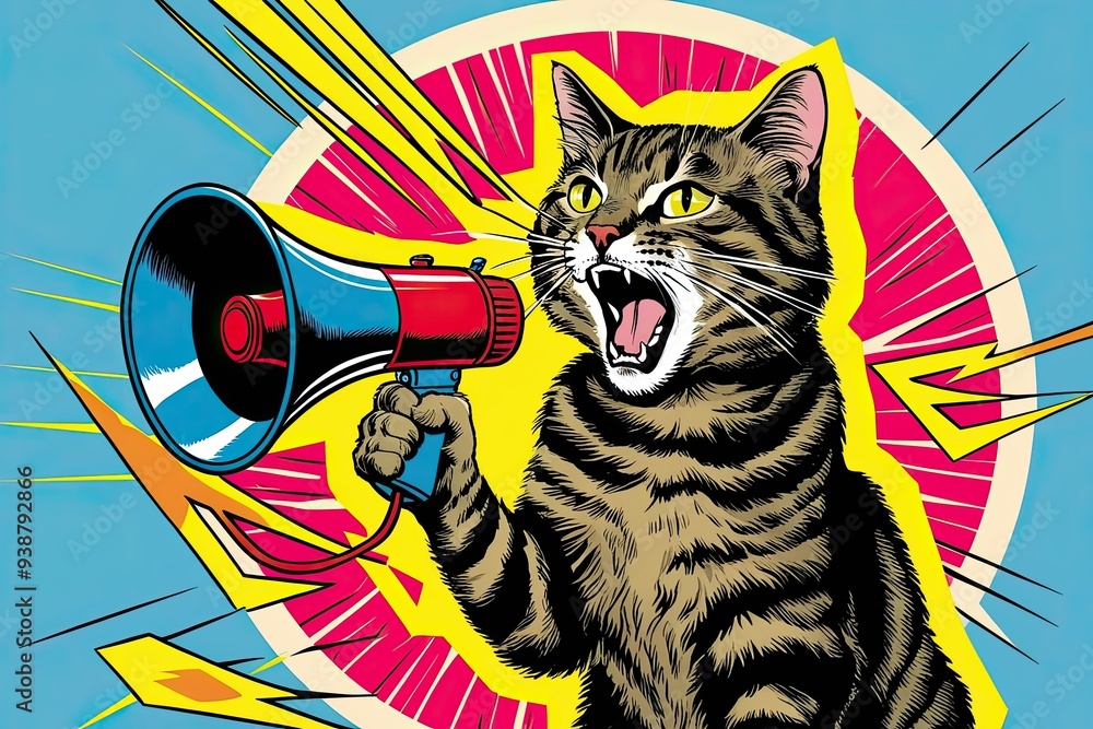 Vibrant Vintage Comic Cat Illustration of Yelling Tabby with Red ...