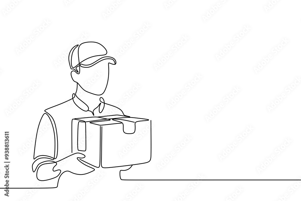 continuous single line drawing of delivery person holding parcel, line ...