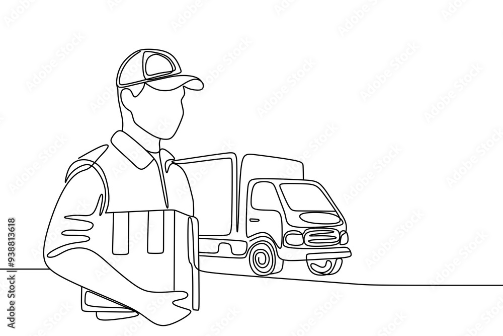 continuous single line drawing of delivery person holding parcel, line ...