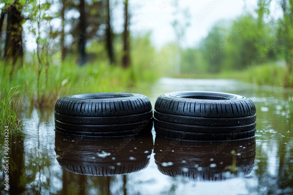 Two tires floating in a puddle. A photo showcasing the impact of ...