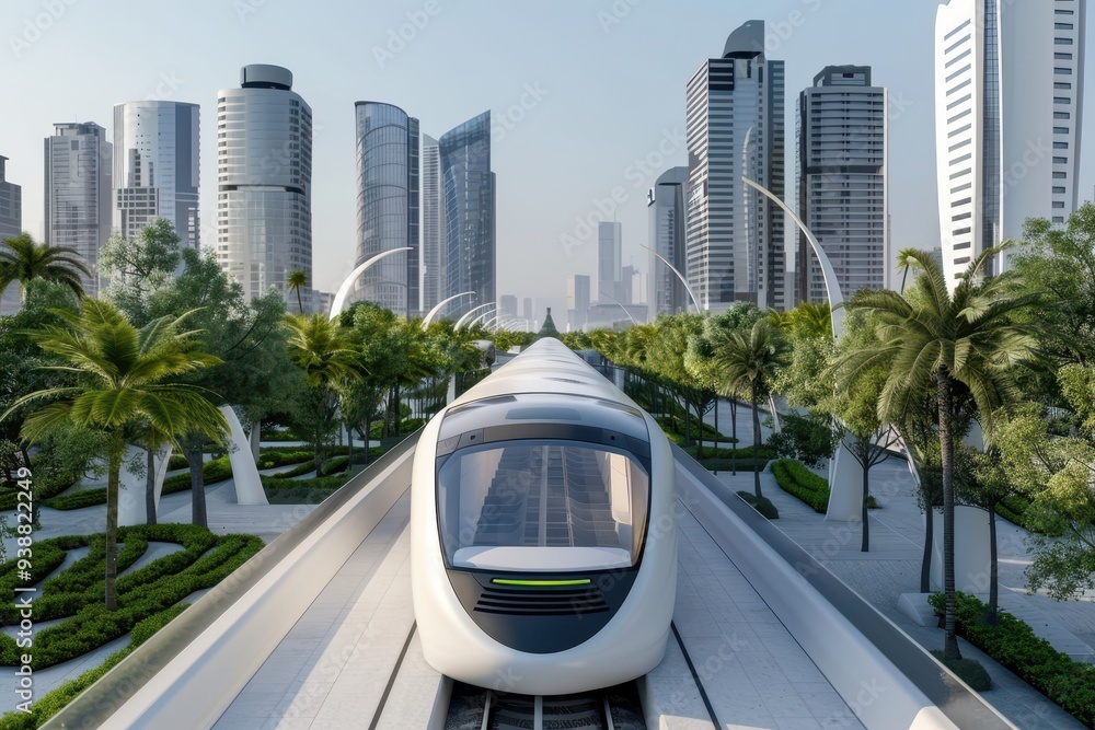 Eco-friendly transportation hub featuring maglev trains, electric ...