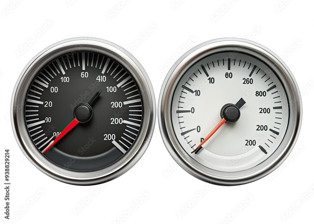 Two round speedometers with silver bezels are shown against a white ...
