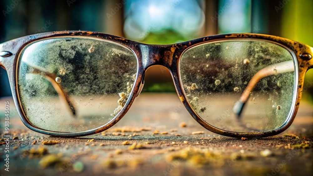 A close-up of dirty eyeglasses with smudges, fingerprints, and dust ...