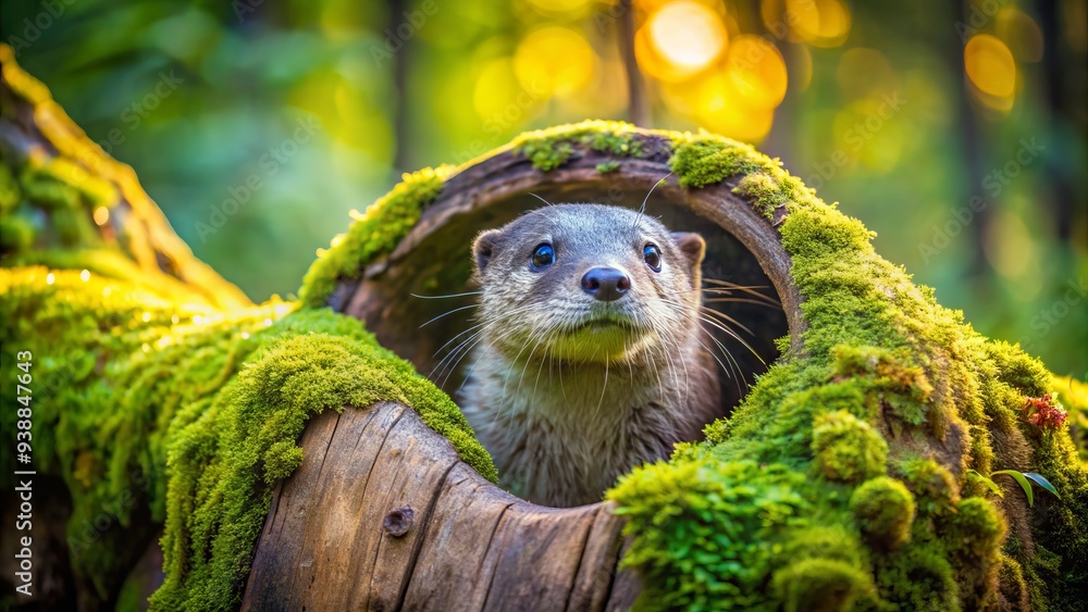 Adorable curious otter peeking out of a hole in a moss-covered log ...