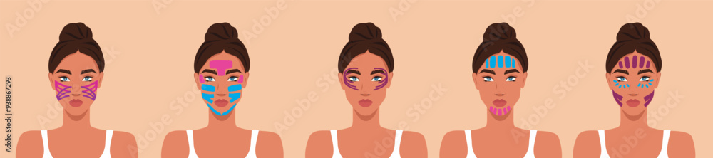 Women with tapes on their faces. Different schemes for taping ...