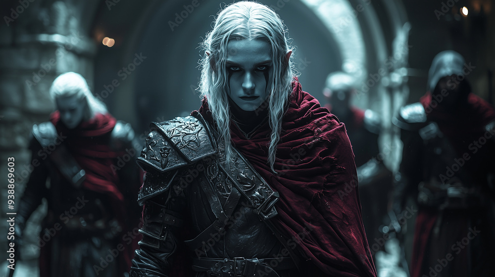 drow female warrior with long white hair, red cloak, and intense gaze ...