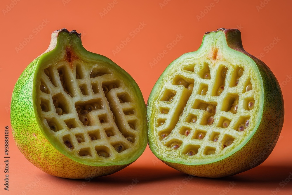 Guava sliced to reveal a labyrinth inside, mysteries hidden on a burnt ...