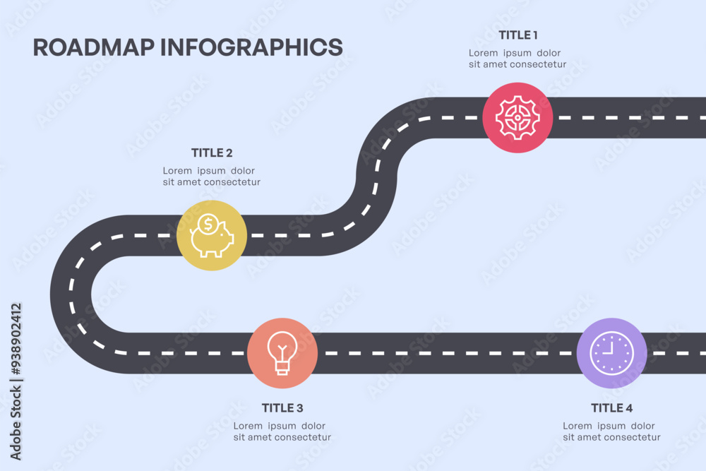 Simple 4-Node Roadmap Infographic with Curved Path and Colorful Icons ...