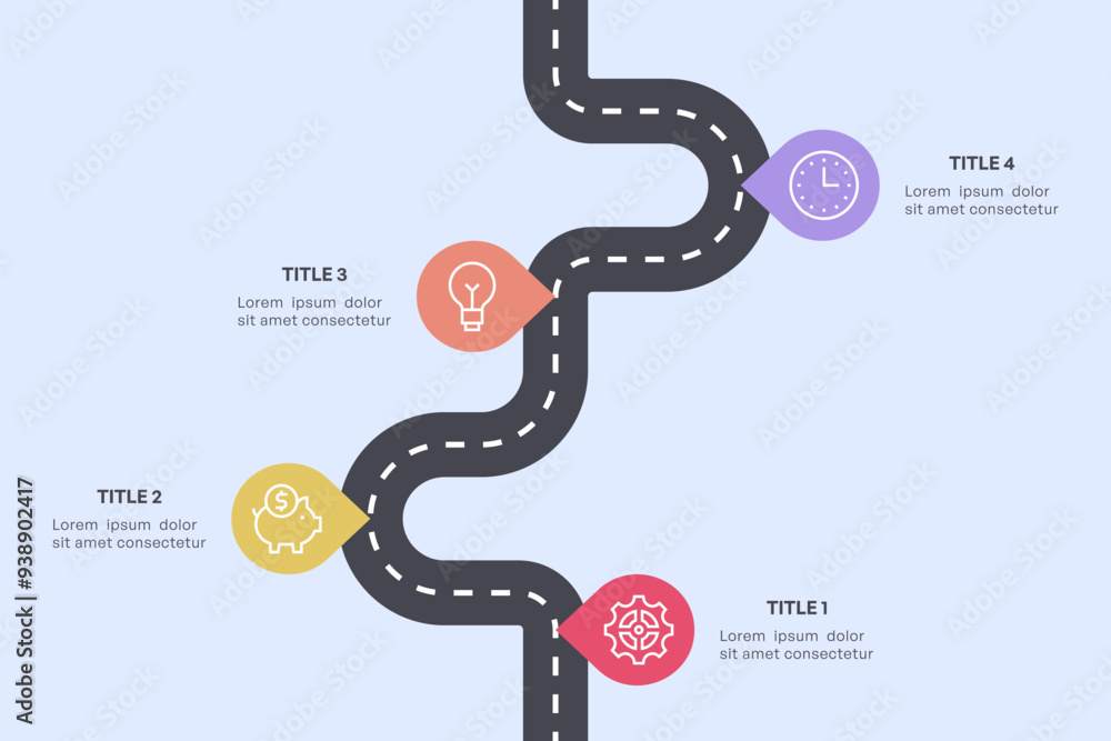 Simple 4-Node Roadmap Infographic with Curved Path and Colorful Icons ...