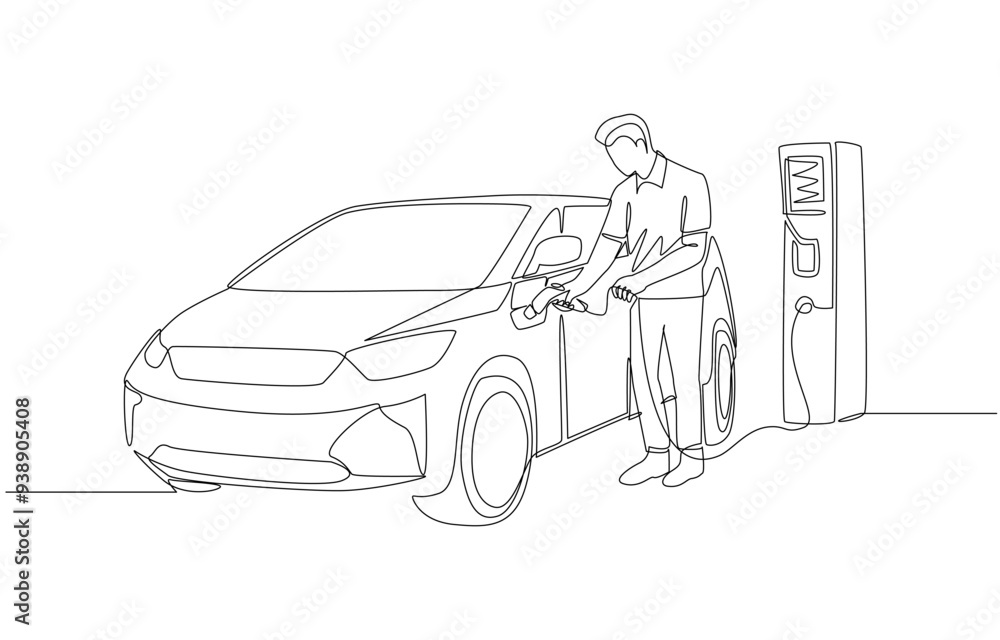 Continuous one line drawing of man charging electric car at public ...