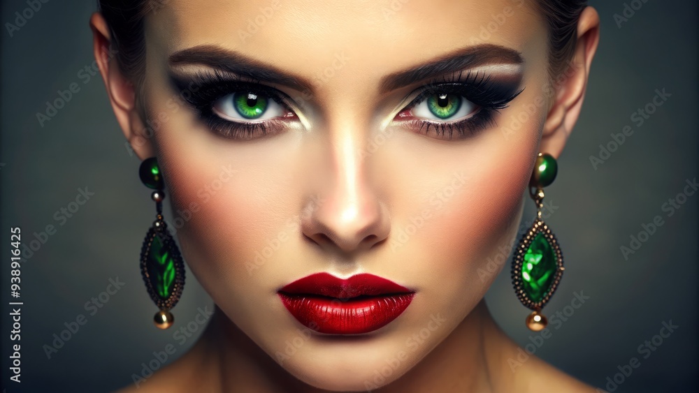 Glamorous woman with piercing green eyes stares confidently into the ...