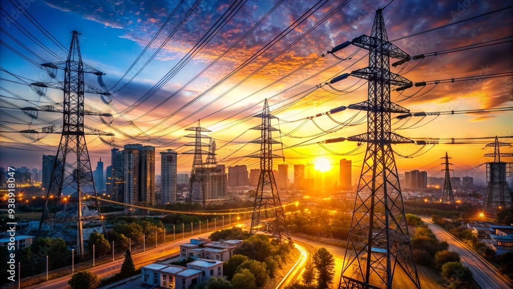 Glowing meters and wires entwined on a city's power grid at sunset ...