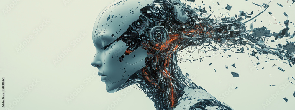 A humanoid robot's head is disintegrating and breaking apart, with an ...
