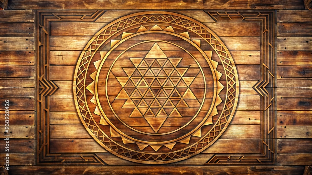 Intricately drawn sacred geometrical Shri Yantra symbol on a vintage ...