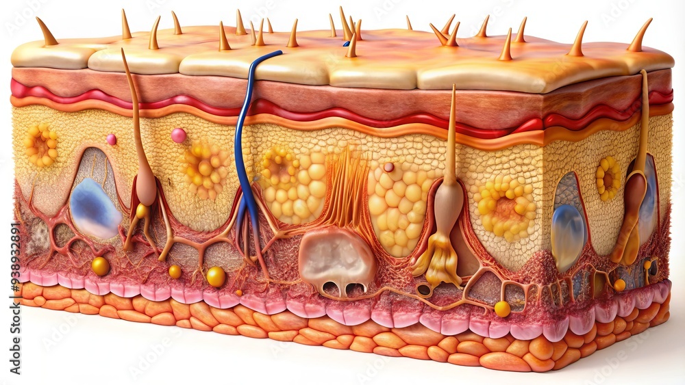 Macro illustration of human skin cross-section showing epidermis ...