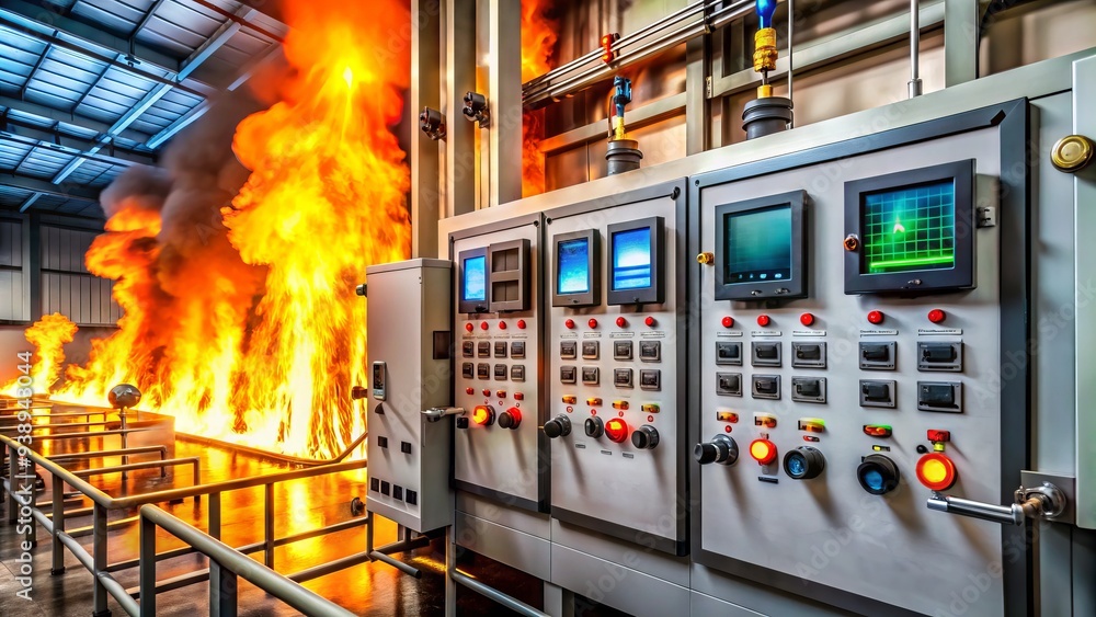 Modern fire engineering control panel with alarm lights, buttons, and ...