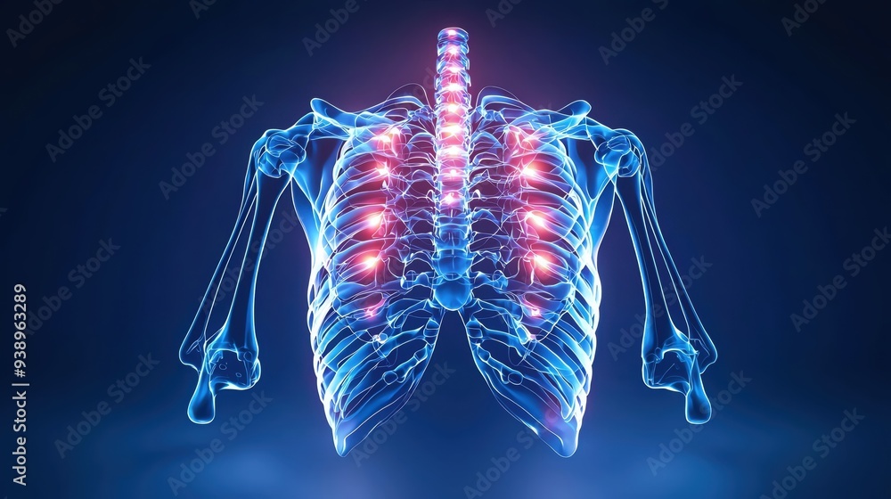 Anatomical illustration of a human rib cage with highlighted areas ...