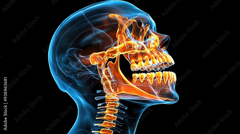 Anatomical illustration of a human skull showcasing the intricate ...
