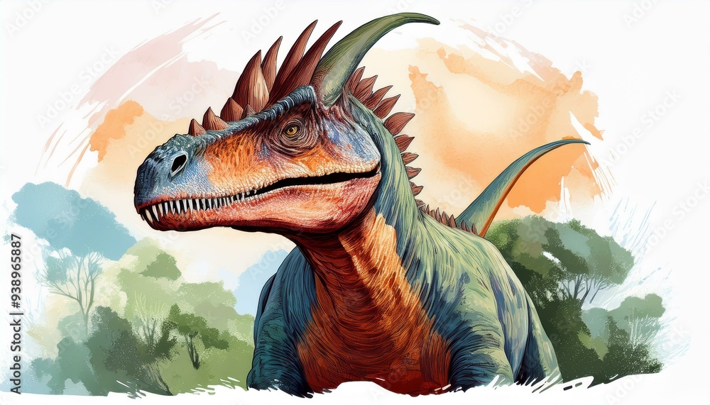 carnotaurus dinosaur dynamic retro vintage watercolor illustration ...