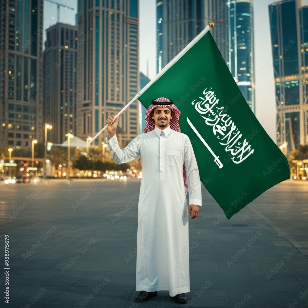 Saudi man holding Saudi Arabia flag on front of buildings, celebration ...