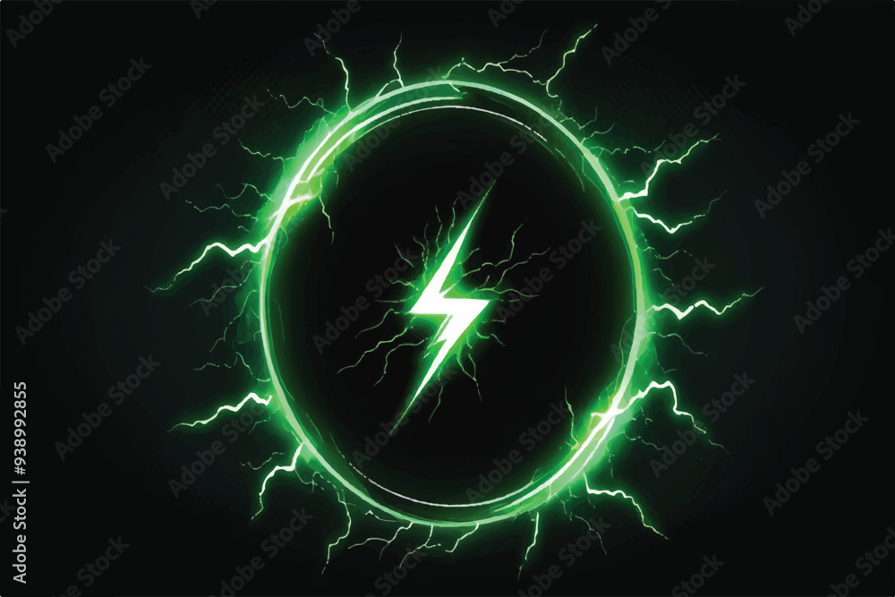 Green neon lightning bolt, glowing sign. Neon battery charging power ...