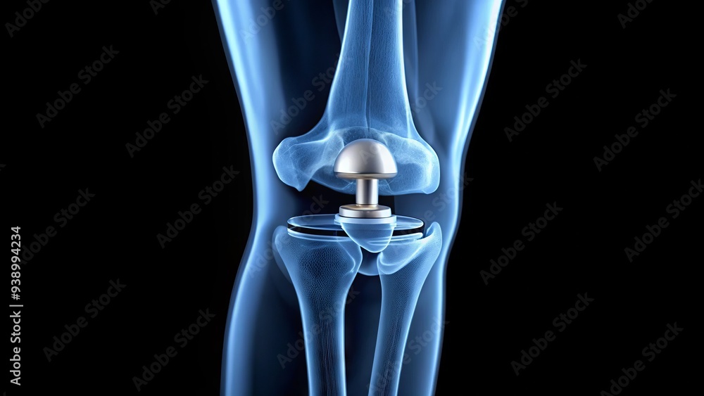 X-ray of artificial knee joint implant in human leg, showing metallic ...