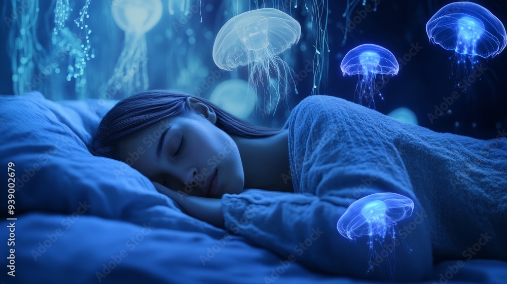 Beauty sleeping, blue background, an artificial intelligence jellyfish ...