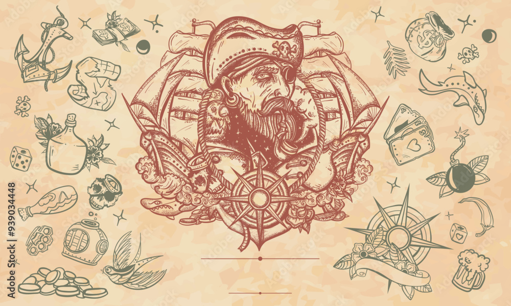 Vector de Stock Old captain and pirate ships. Old paper vector. Elderly ...