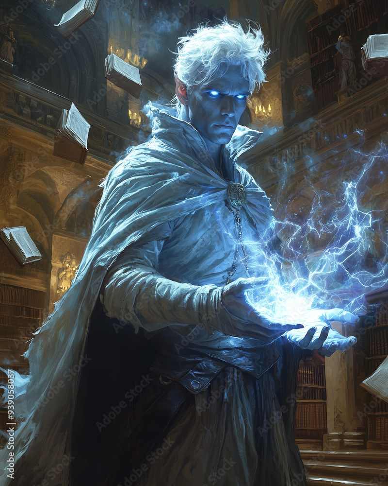 elven sorcerer harnessing intense blue arcane energy in a grand ...