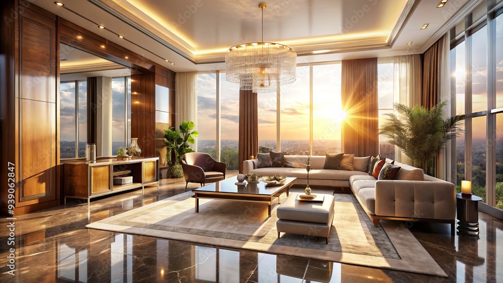 Opulent morning sunrise pours golden light on lavish furniture, rich ...