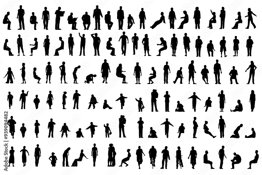 Set with people silhouettes in different positions isolated on white ...