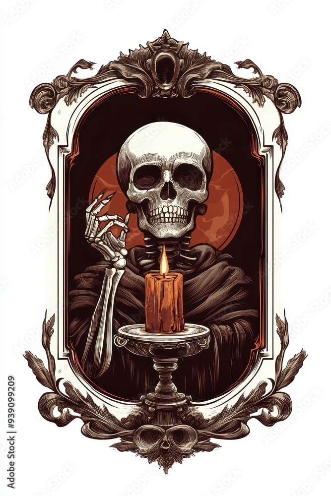 Gothic illustration of a skeleton holding a candle in an ornate frame ...