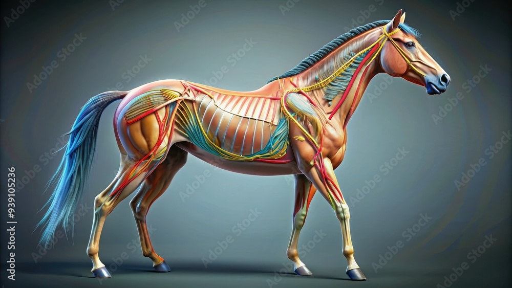 Detailed illustration of a horse's internal anatomy, showcasing the ...