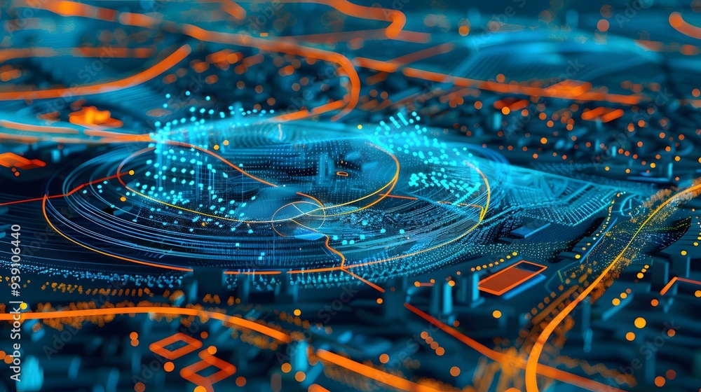 a complex geospatial visualization, showing a detailed map with layers ...